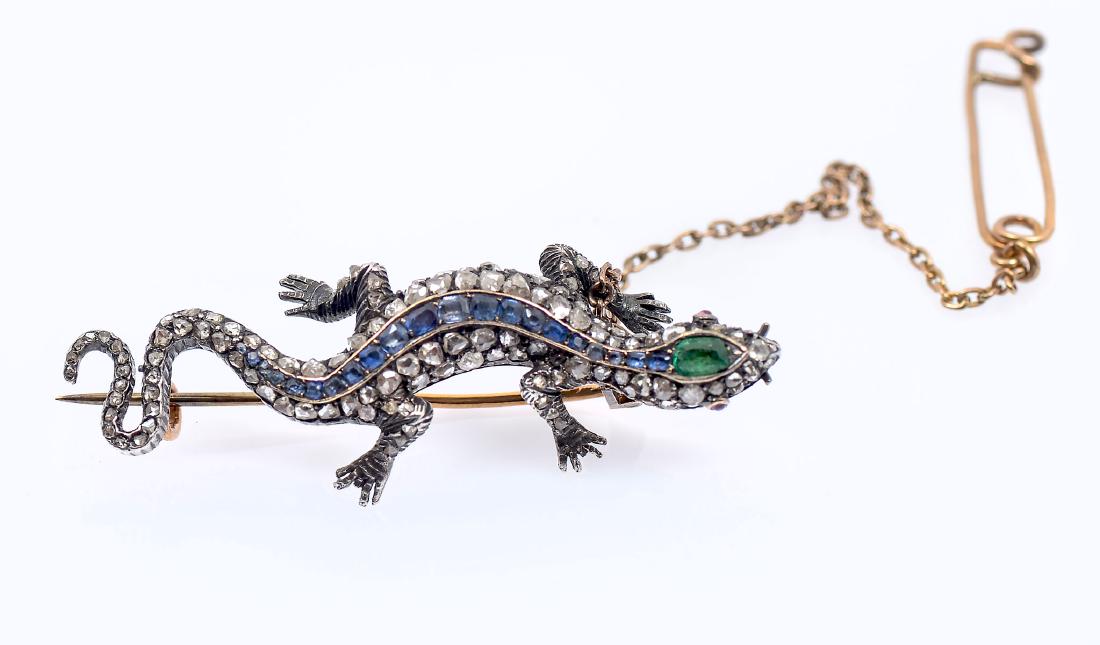14K & SILVER VICTORIAN AND GEMSTONE SALAMANDER PIN