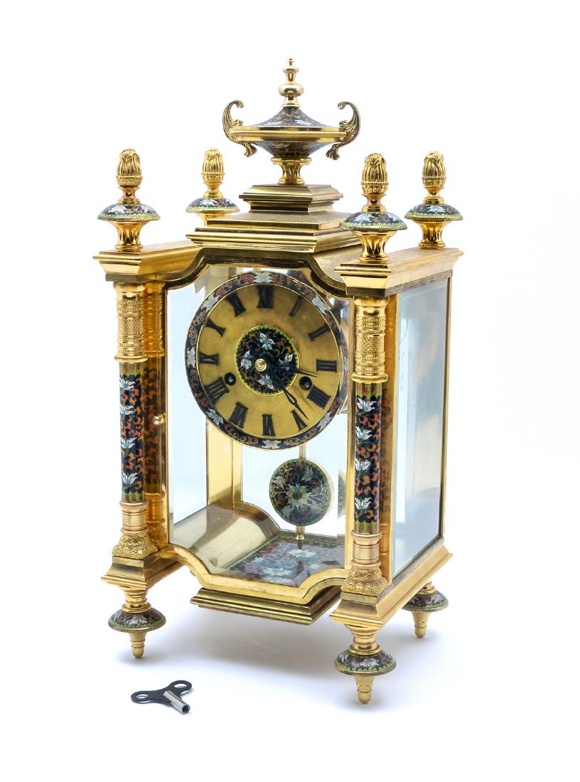 BLACK CLOISONNE BEVELED GLASS MANTLE CLOCK