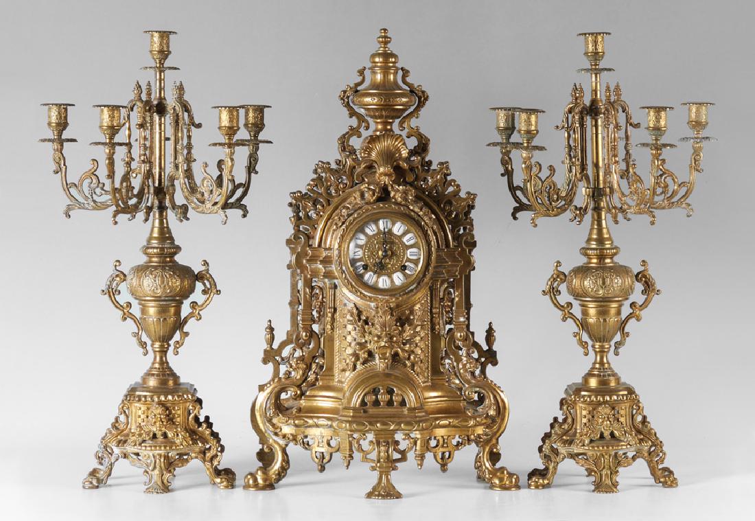 IMPERIAL FRENCH STYLE BRASS CLOCK GARNITURE SET