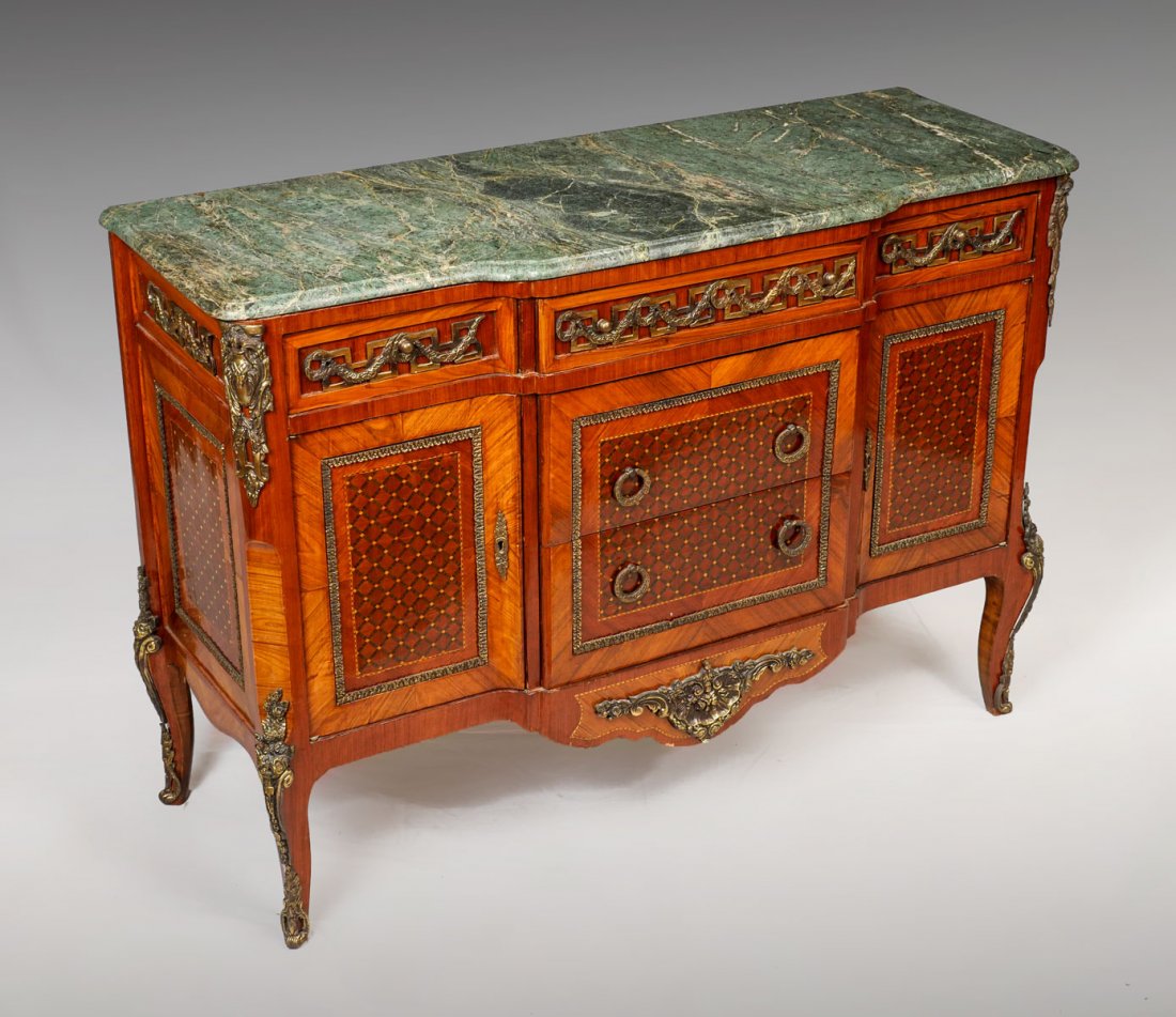 FRENCH METAL MOUNTED MARBLE TOP SIDE CABINET