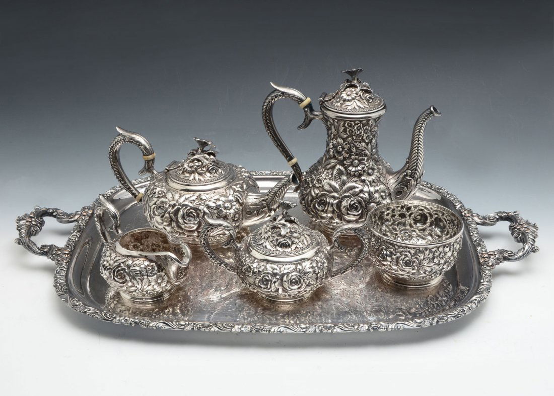 KIRK STIEFF REPOUSSE HAND CHASED STERLING TEA SET