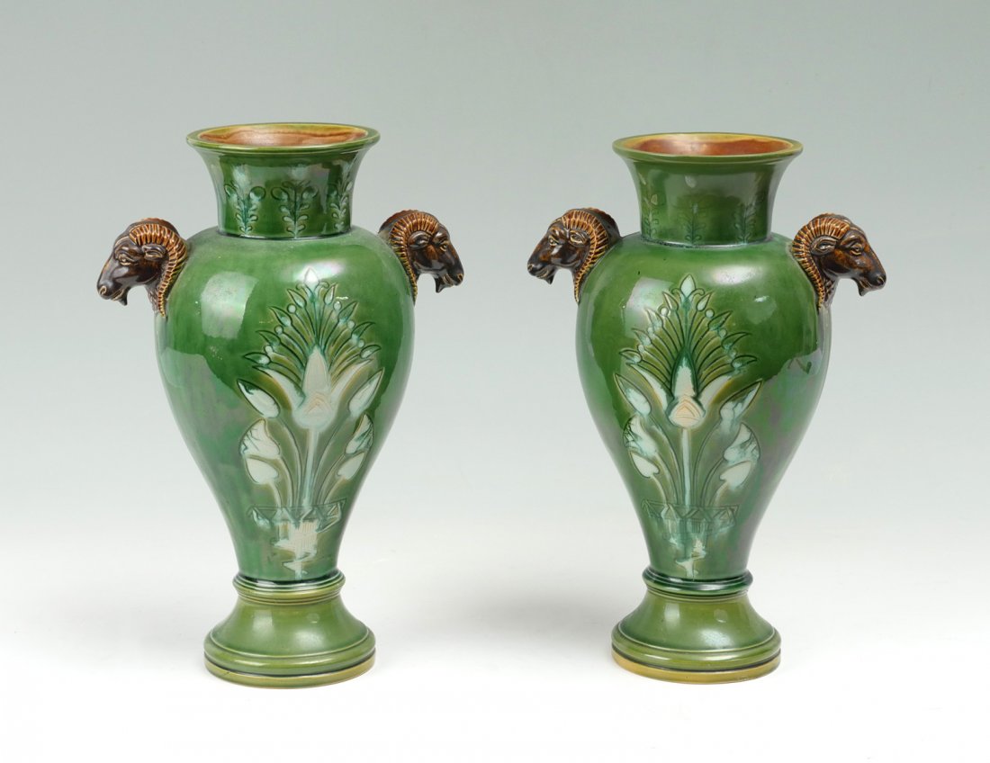 PAIR OF RAMS HEAD MAJOLICA VASES