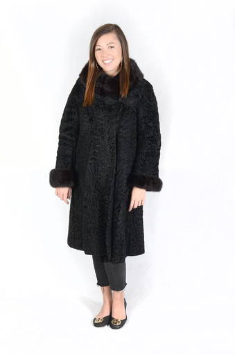 Vintage Black Russian Broadtail Coat With Fox Trim