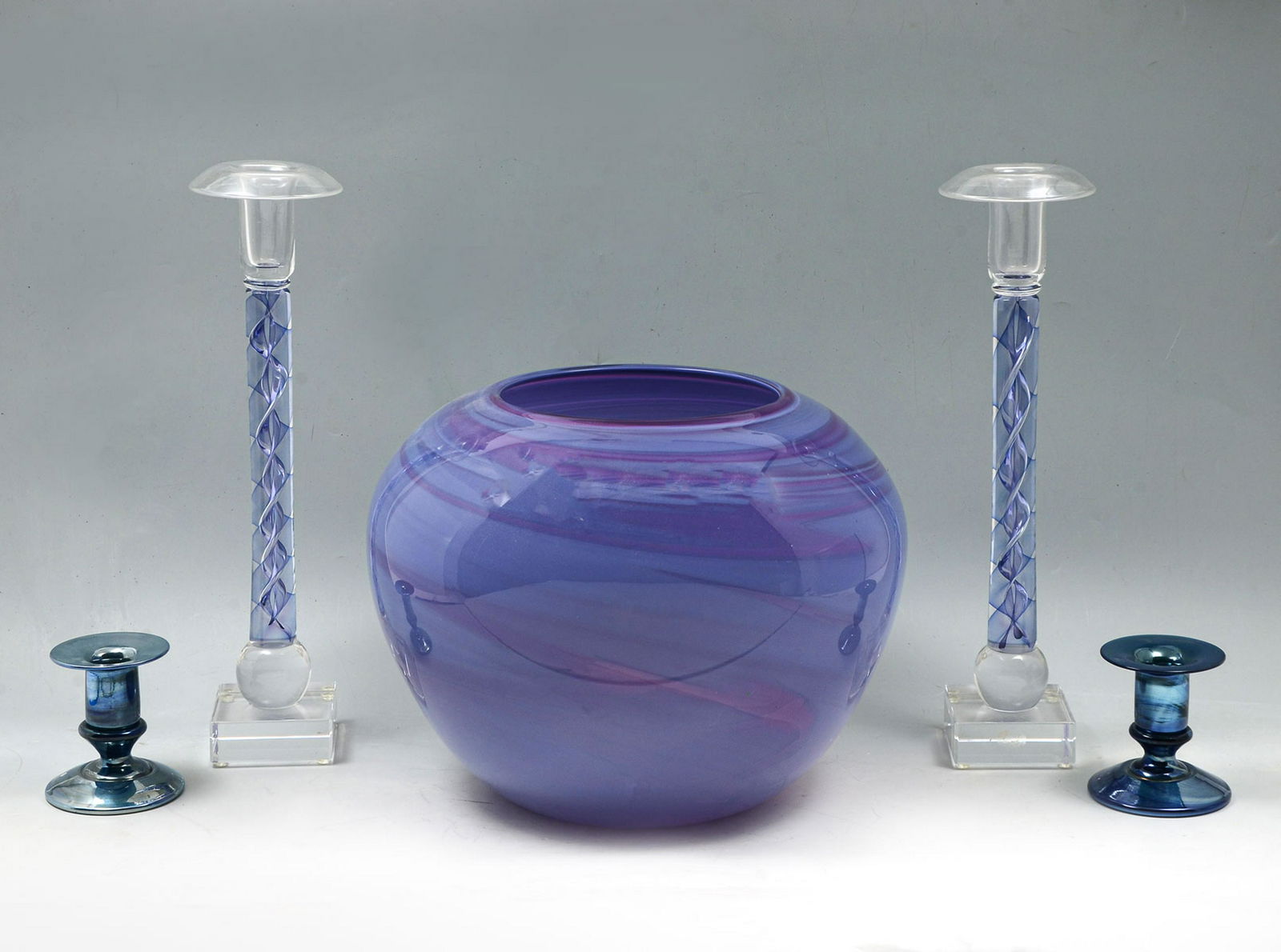 5 Piece Signed Art Glass Candlesticks & Vase