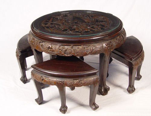 Carved Chinese Chow Table W/ 4 Stools