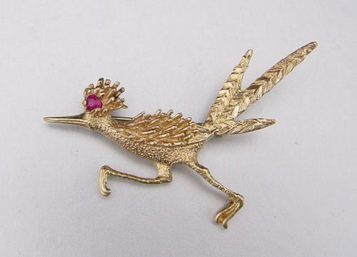 326: 14K GOLD ROAD RUNNER FIGURAL BROOCH PIN 5.8 GR