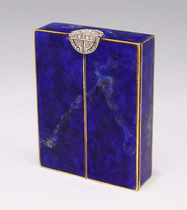 1: 14K ART DECO LAPIS & DIAMOND ENAMEL COMPACT / BOX