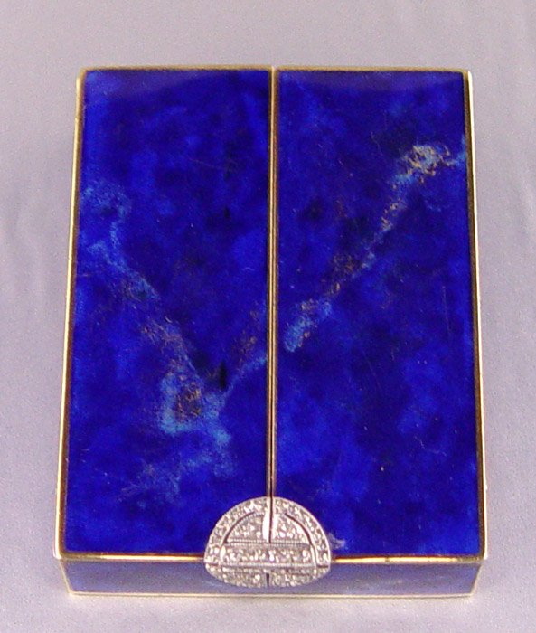 1: 14K ART DECO LAPIS & DIAMOND ENAMEL COMPACT / BOX