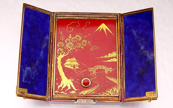 1: 14K ART DECO LAPIS & DIAMOND ENAMEL COMPACT / BOX
