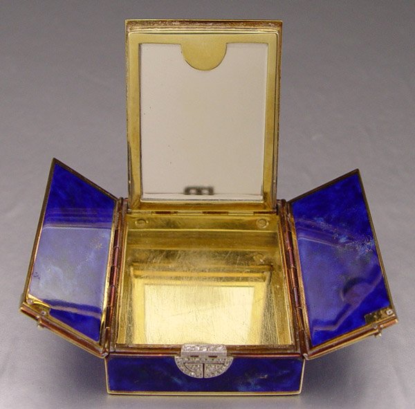 1: 14K ART DECO LAPIS & DIAMOND ENAMEL COMPACT / BOX