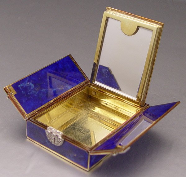 1: 14K ART DECO LAPIS & DIAMOND ENAMEL COMPACT / BOX