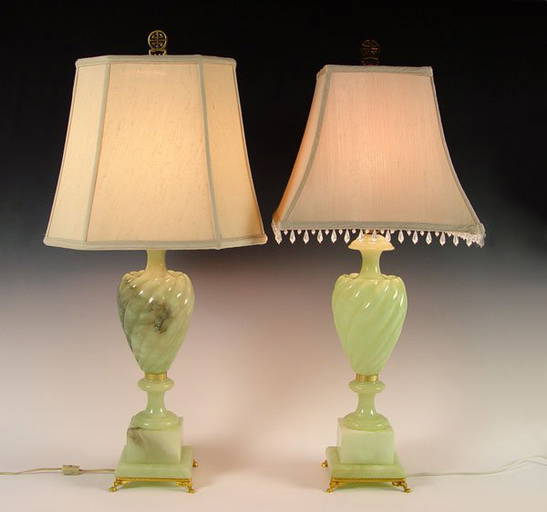 Pair Italian Carved Green Alabaster Table Lamps
