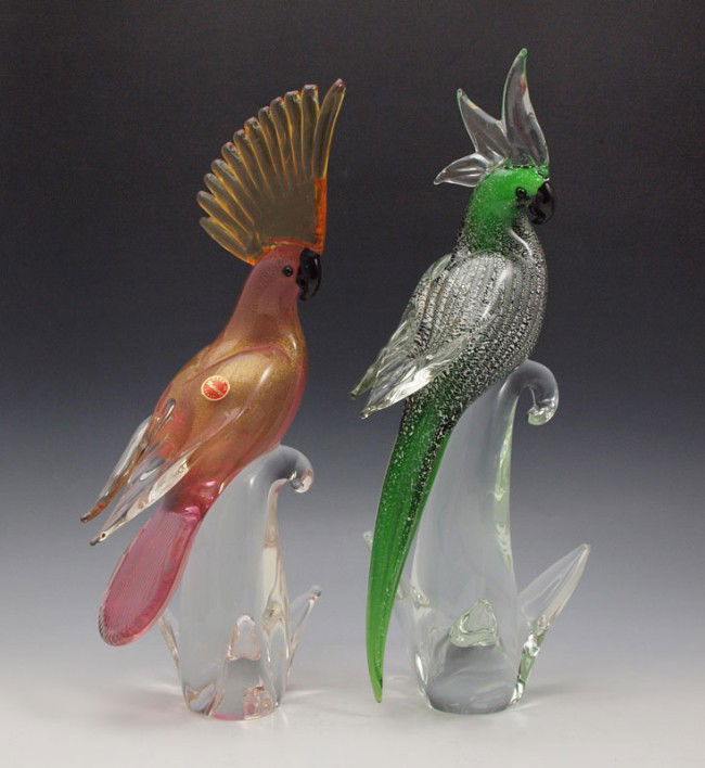 343: 2 LARGE MURANO GLASS PARROTS