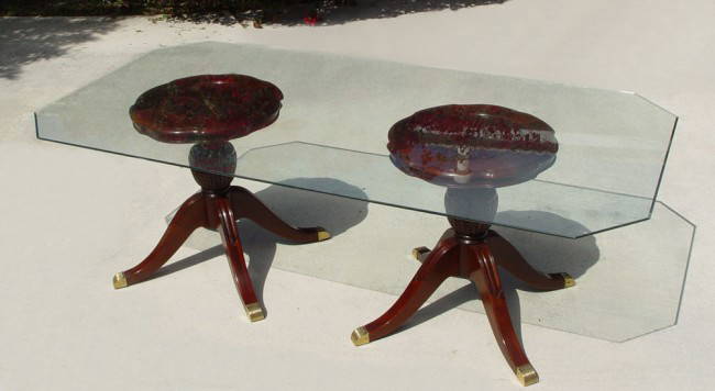 Double Mahogany Pedestal Glass Top Dining Table