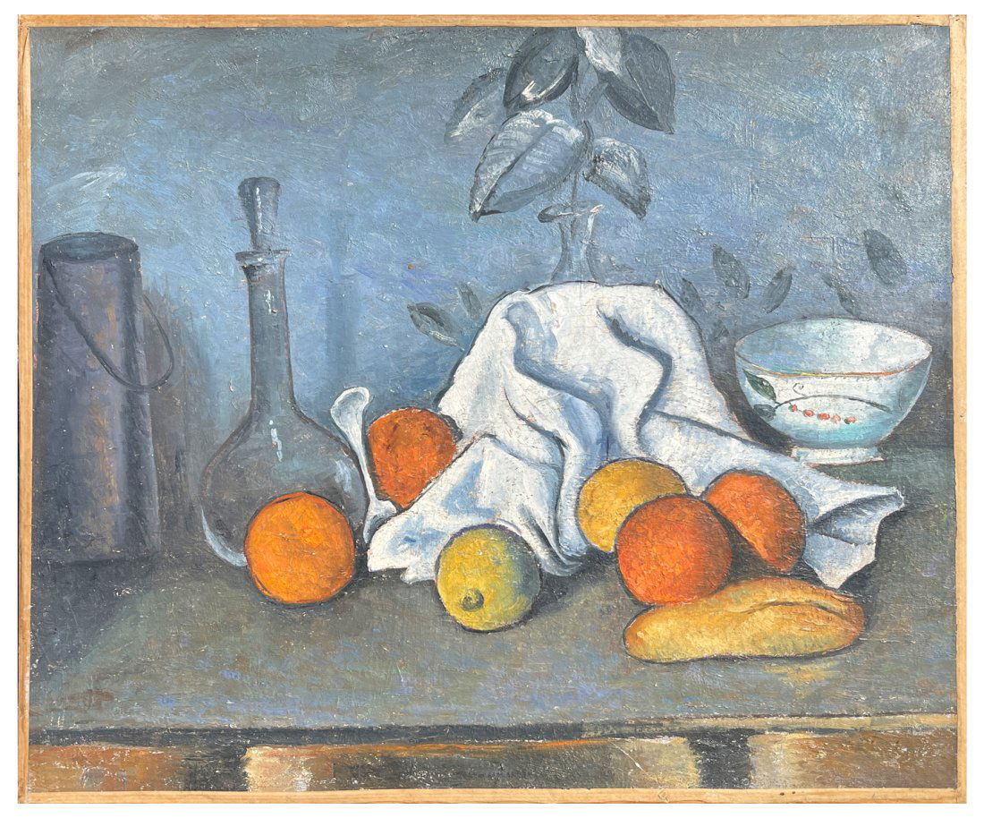 TABLETOP STILL LIFE PAINTING WITH FRUIT, BREAD, AND PORCELAIN DECANTER ...