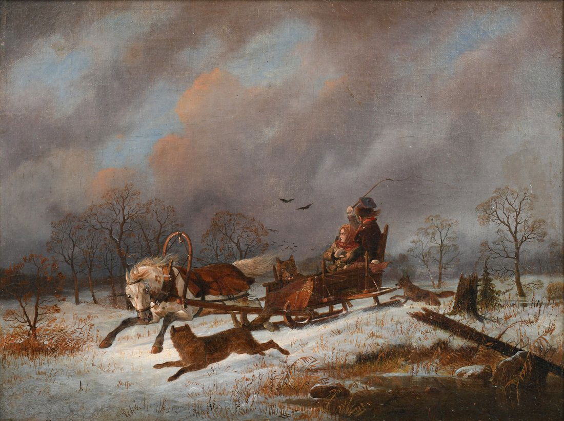 Johannes Duntze Dramatic Sleigh Painting With Wolves Auction