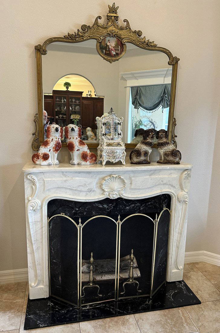 Faux Marble Fireplace Mantle, Screen, Logs, Andirons And Marble Base ...