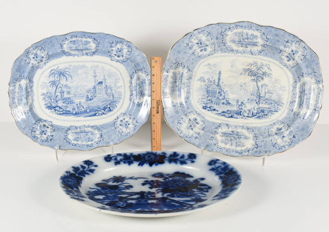 3pc. Flow Blue And "oriental" Transferware Platters Auction