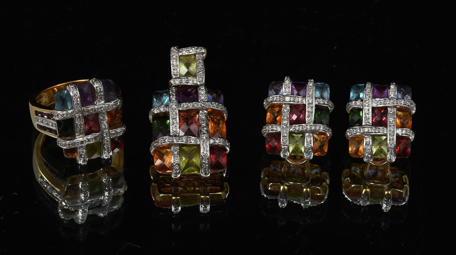 Bellarri 18k Gold Mosaic Multi Gemstone Diamond Jewelry Suite Auction