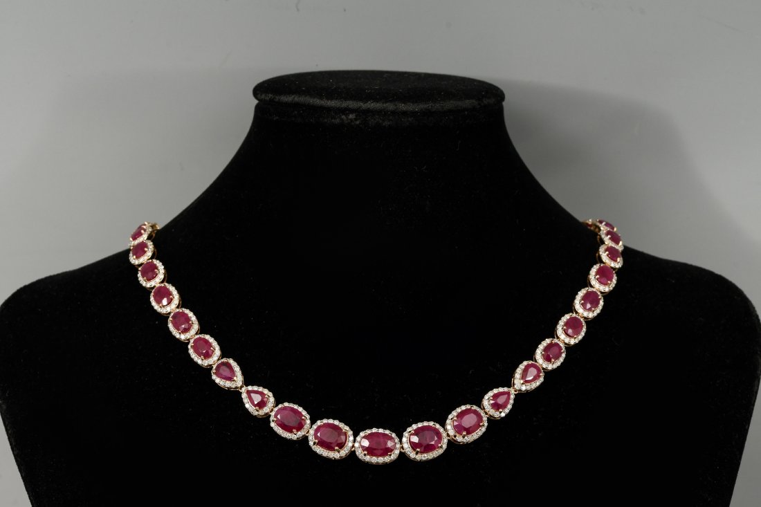 Oscar Friedman 14k Gold Burmese Ruby & 654 Diamond Necklace
