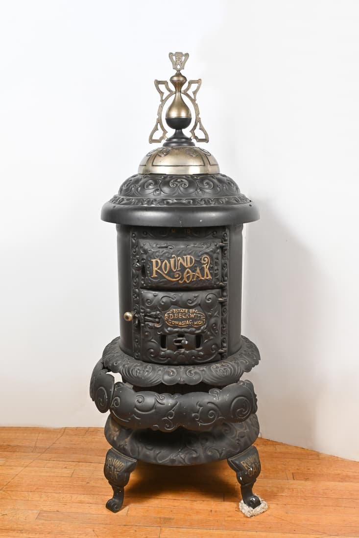Round Oak Cast Iron Cylinder Wood Burning Stove Auction