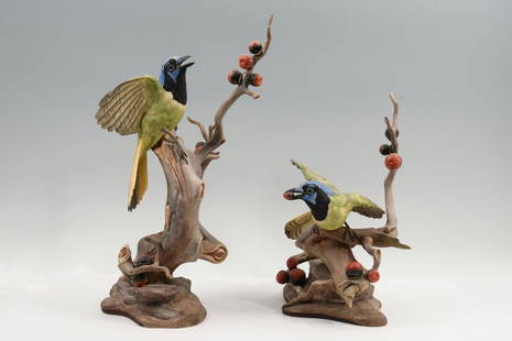 2 Boehm Porcelain Green Jayes Sculptures