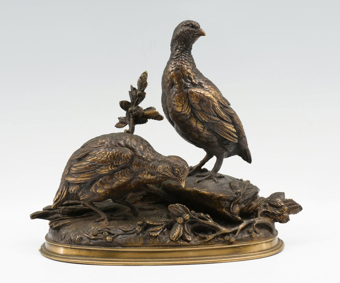 Bronze Quail Sculpture Grouping Signed Delabrierre Auction