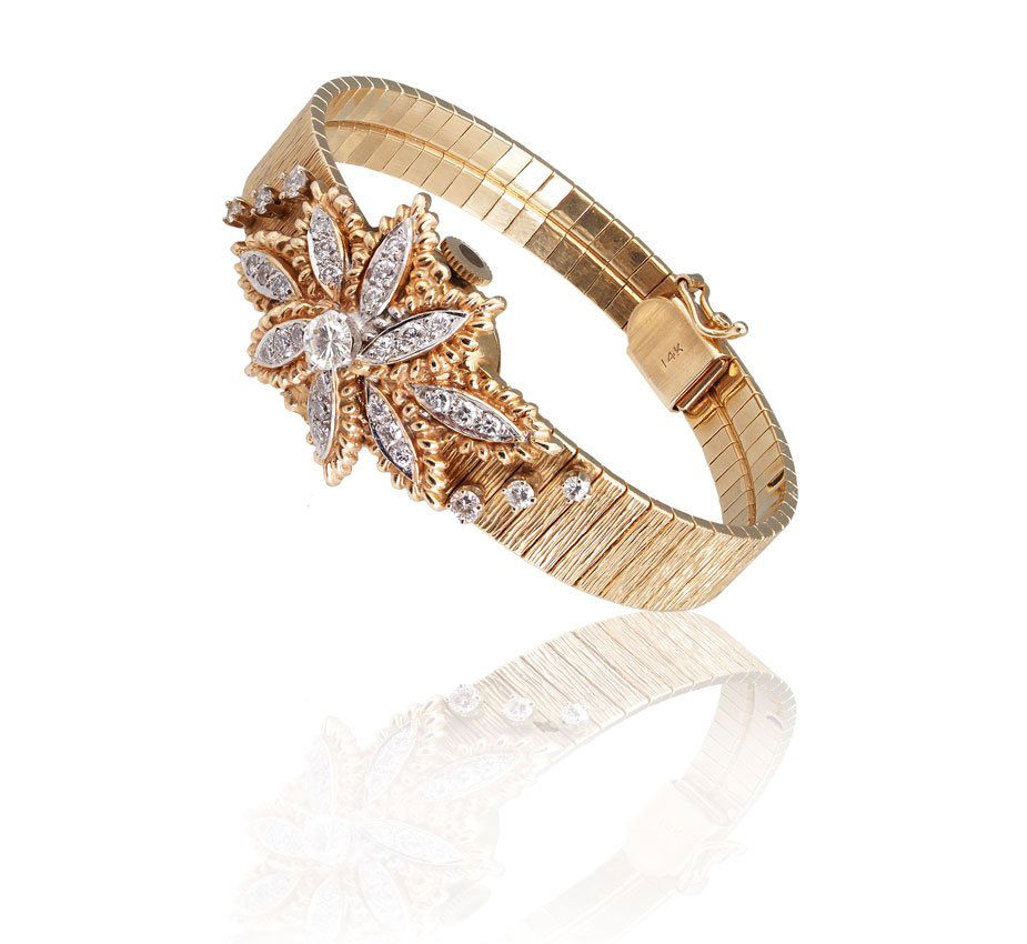 106: ELOGA 14k GOLD DIAMOND COVERED LADIES WATCH