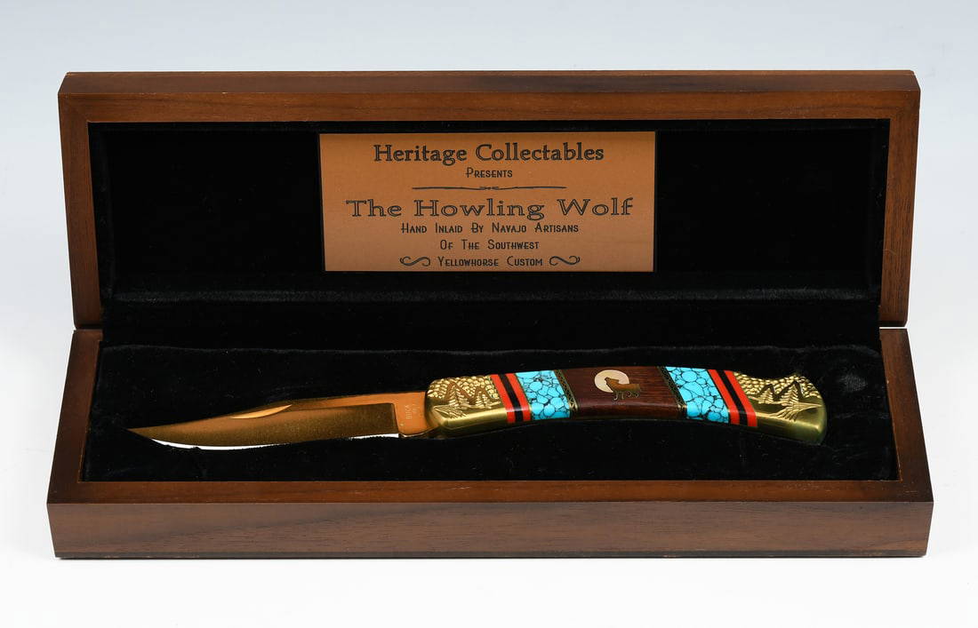 Yellowhorse Golden "howling Wolf" Lockblade Knife Auction