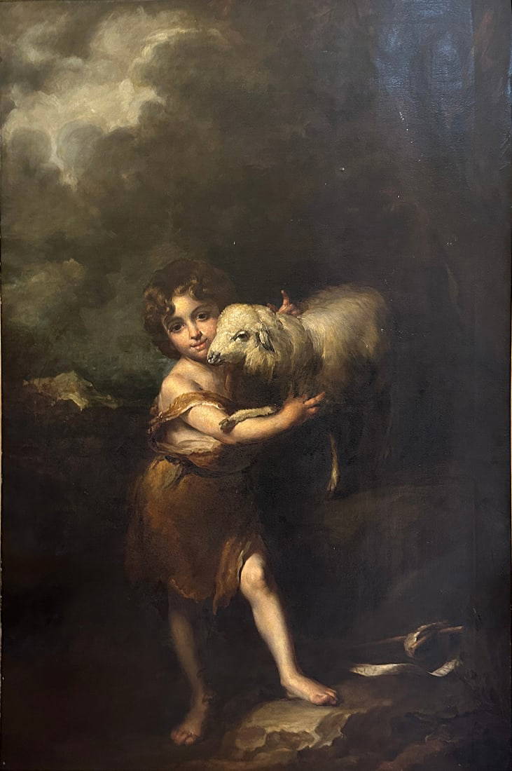 Large Palatial Painting Of Boy And Sheep After Murillo Auction