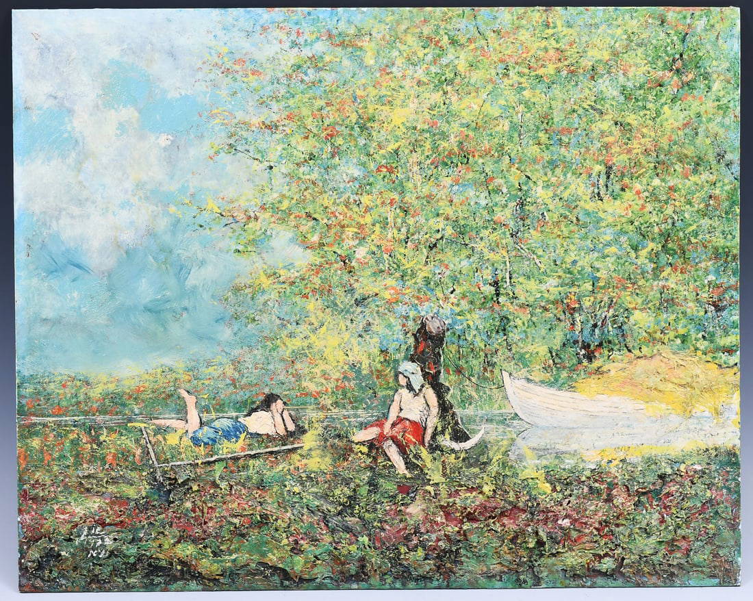 Robert Lie Landscape Painting Of Two Young Girls Auction