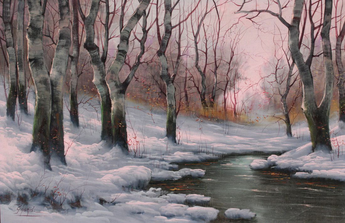 GABRIS WINTER BIRCH STREAM LANDSCAPE PAINTING