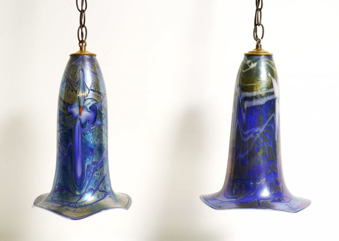 2 Stephen Fellerman Art Glass Pendant Lamps