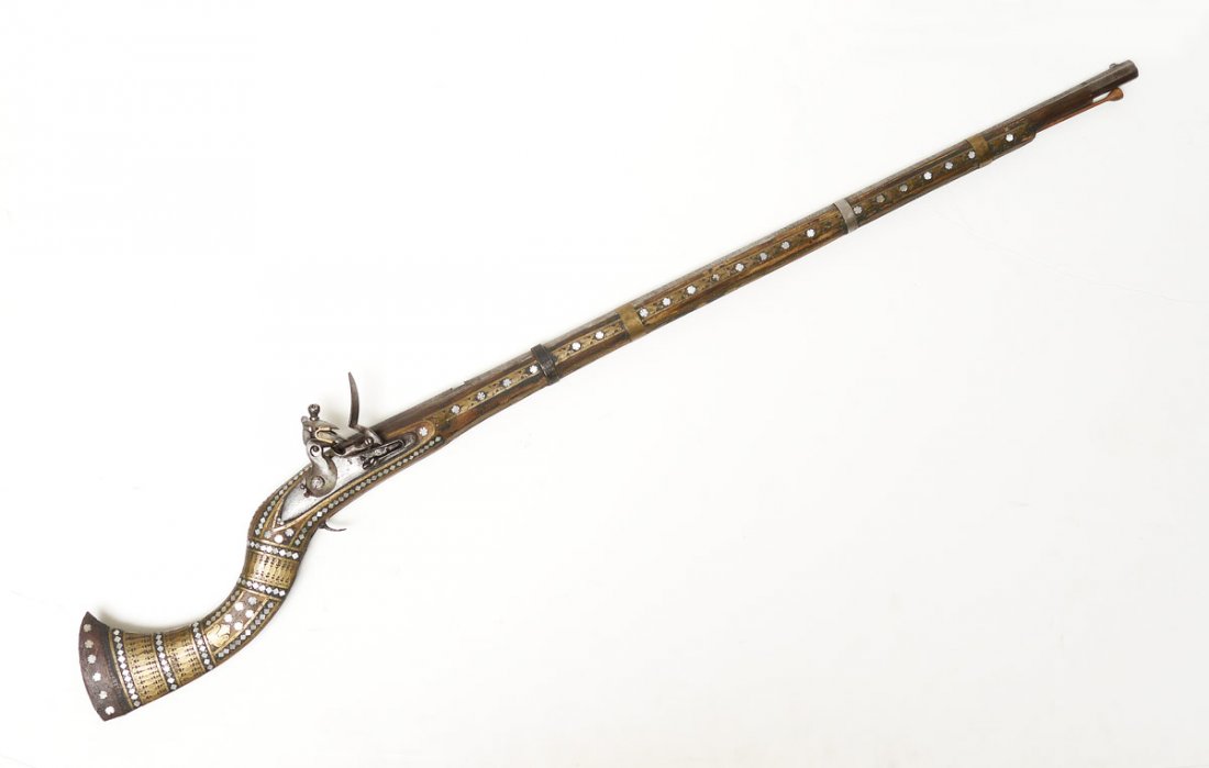 BRASS & MOTHER OF PEARL INLAID JEZAIL RIFLE