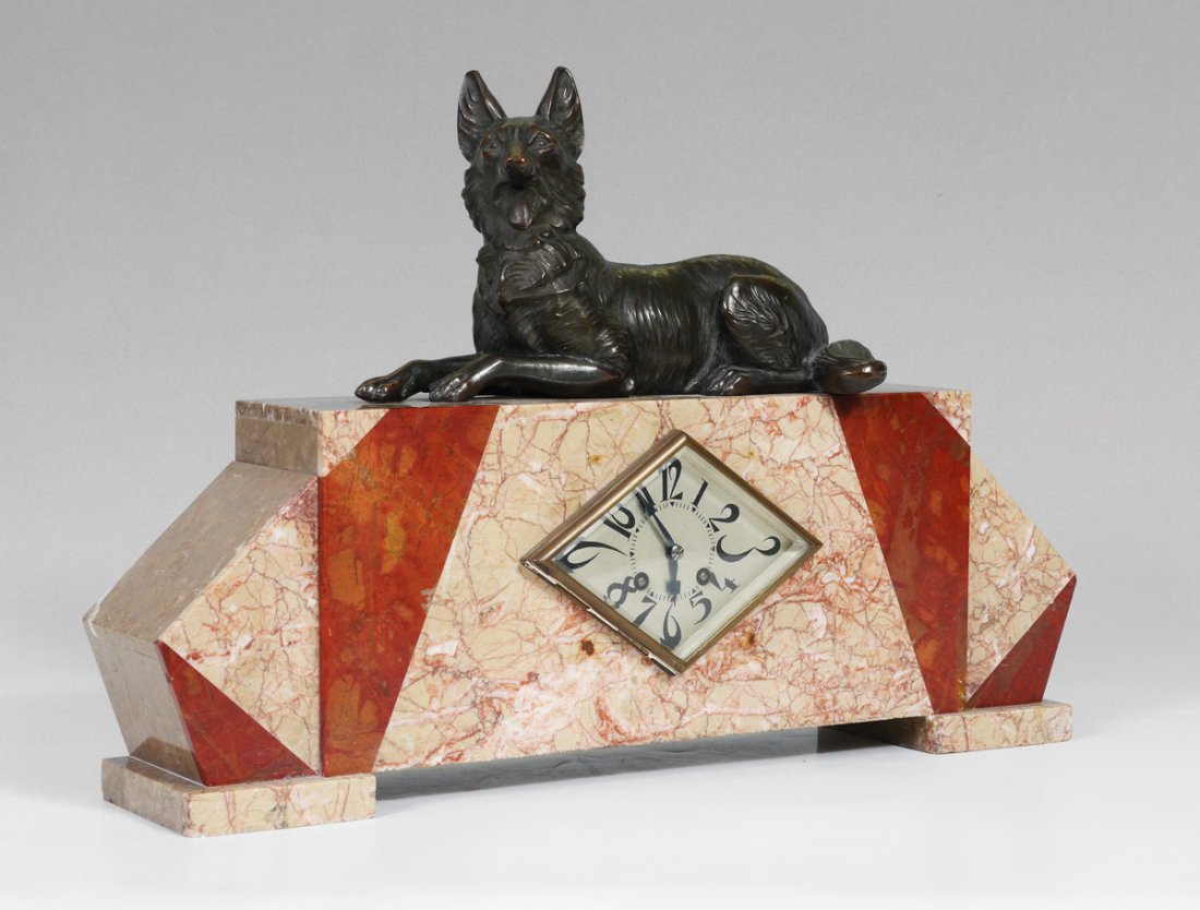 FIGURAL GERMAN SHEPHERD ART DECO MANTLE CLOCK