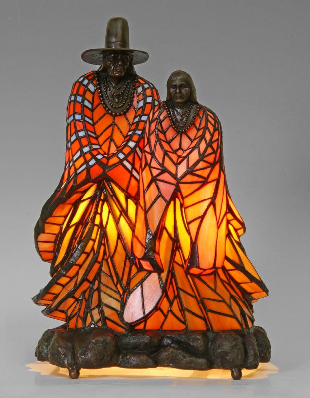NATIVE AMERICAN FIGURAL LEADED GLASS LAMP