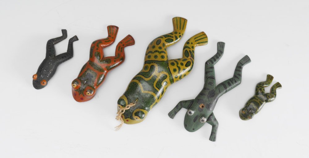 5 Carved And Painted Frog Decoys