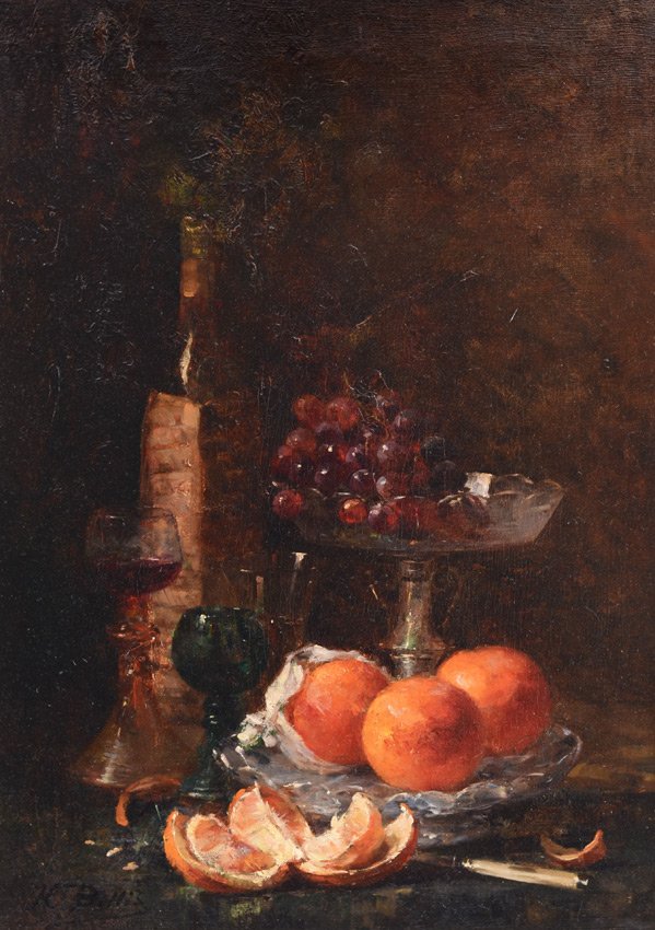 HUBERT BELLIS STILL LIFE PAINTING WITH FRUIT AND W