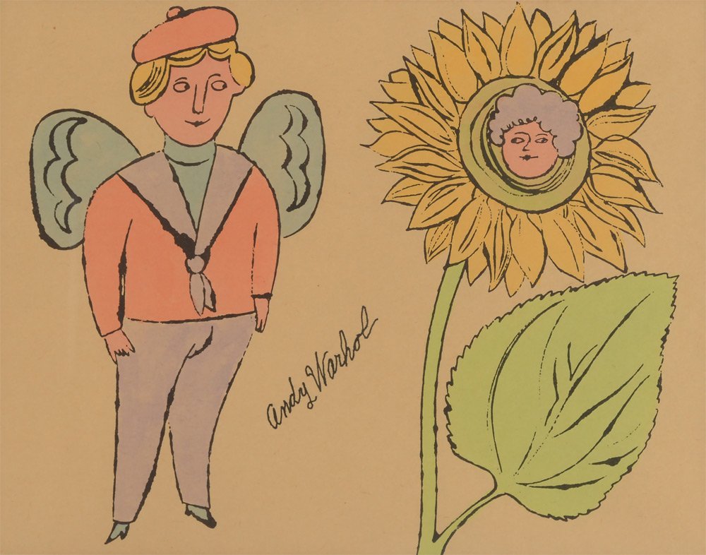 ANDY WARHOL HAND COLORED LITHOGRAPH ANGEL AND SUNFLOWER