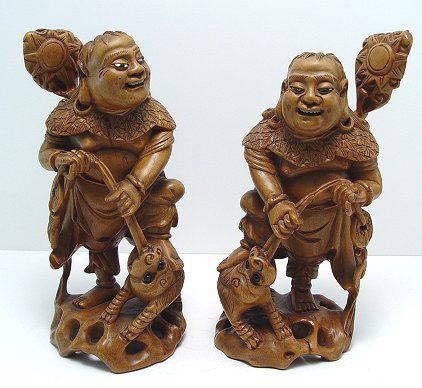 Meiji Period Japanese Yew Wood Carved Figures