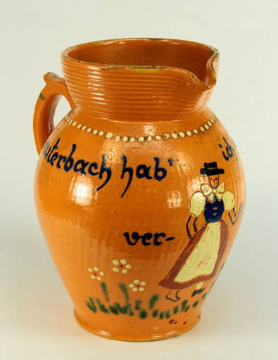 1800's German Salt Glazed Redware Slipware Pitcher