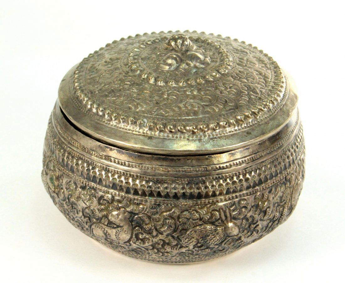 Antique Southeast Asian Silver Repousse Betel Nut Box