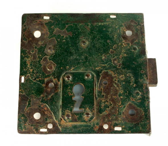 17th C. Door Lock & Latch Hand Forged Iron Painted