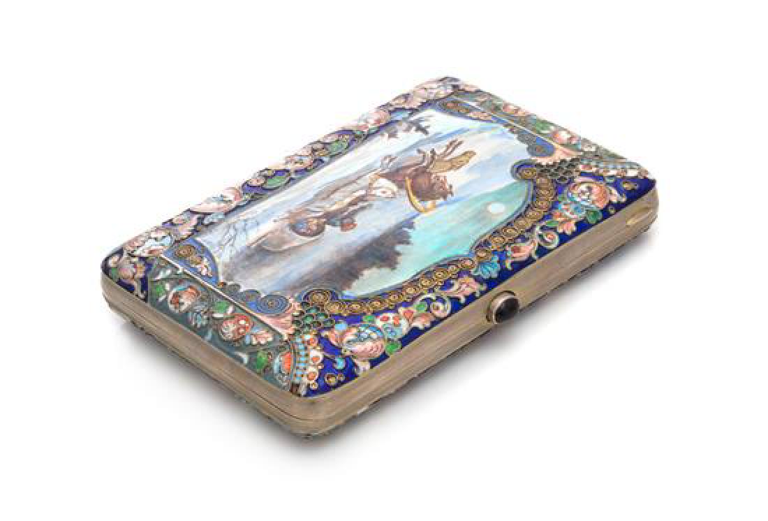 A Russian Enameled Silver Cigarette Case