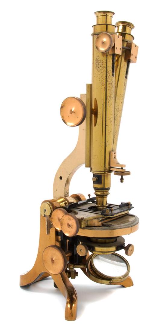 * An English Lacquered Brass Binocular Microscope