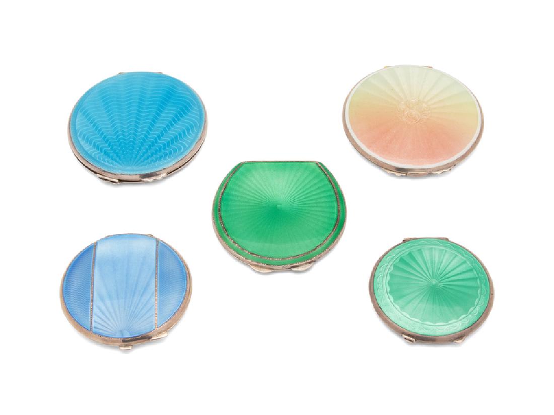 Five English Art Deco Guilloche Enamel Silver Compacts