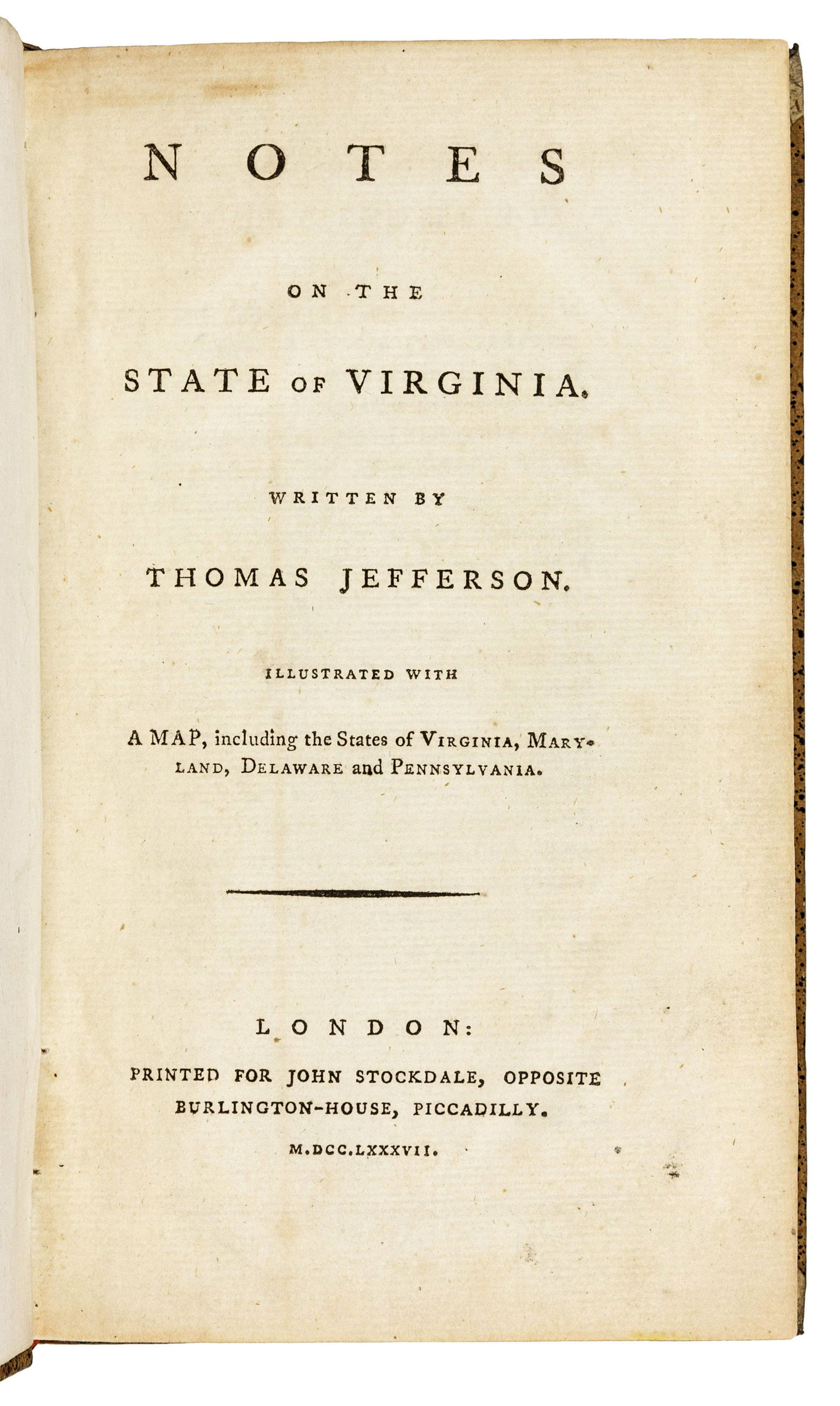 JEFFERSON, Thomas (1743-1826). Notes on the State of - Nov 05, 2019 ...