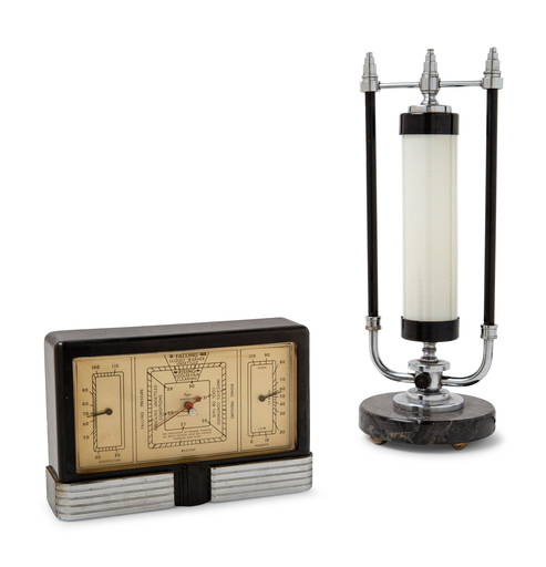 An Art Deco Table Lamp And Desk Barometer