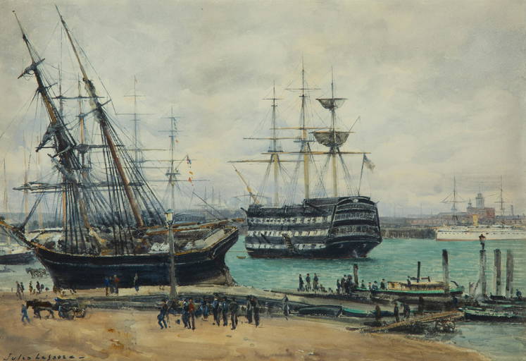 Jules Lessore (British, 1849-1892) Portsmouth Harbor with HMS Victory ...