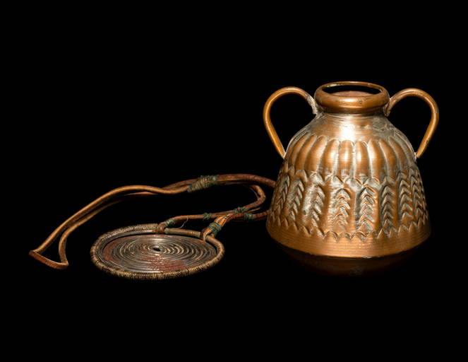 An African Metalwork Pendant and Copper Jar Height of largest 4 1/8 (10 ...